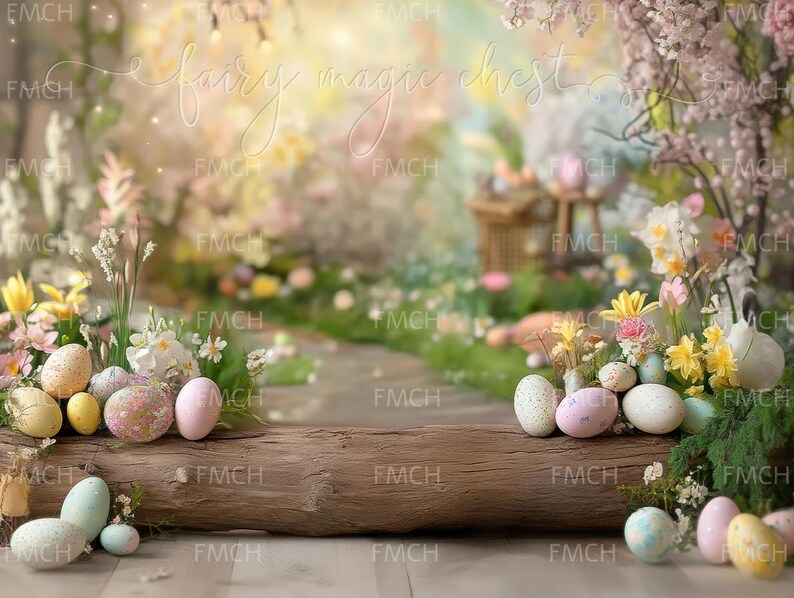 Easter Log Digital Backdrop: Eggs & Spring Flowers (digital Download ...