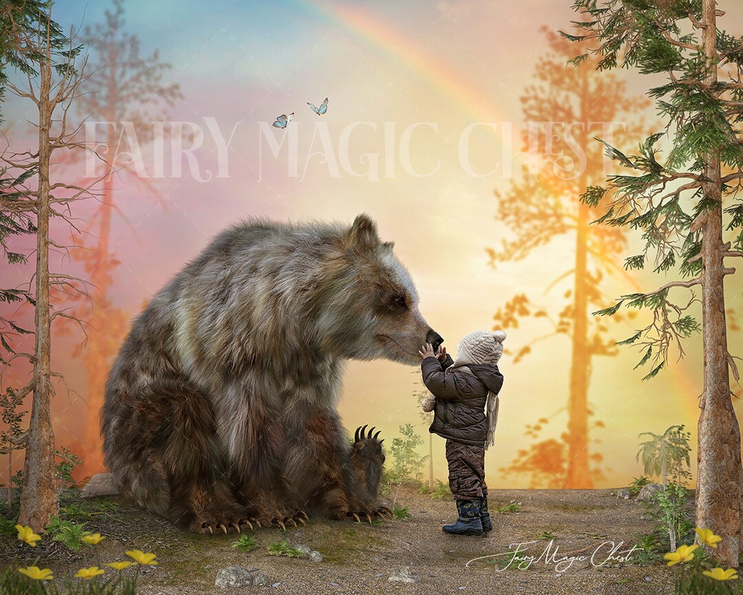 Bear Digital Background. Bear in a Forest With Rainbows. Rainbow at ...