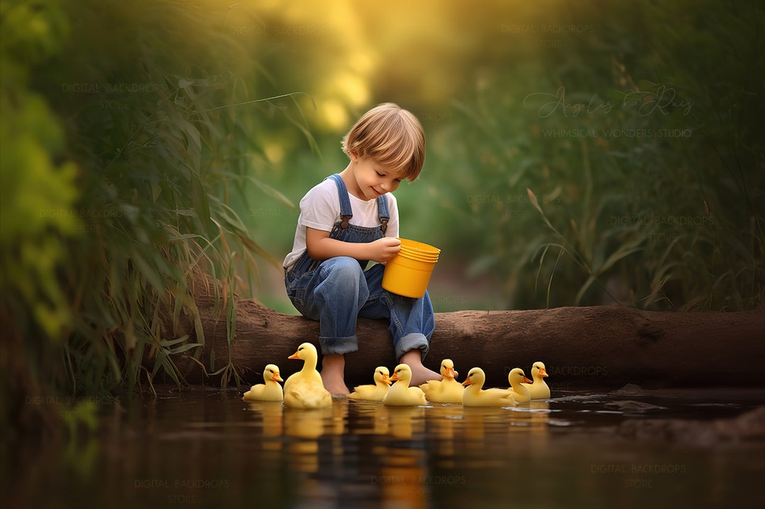 Summer Digital Backdrop , Yellow Ducklings by a Log in the Pond ...