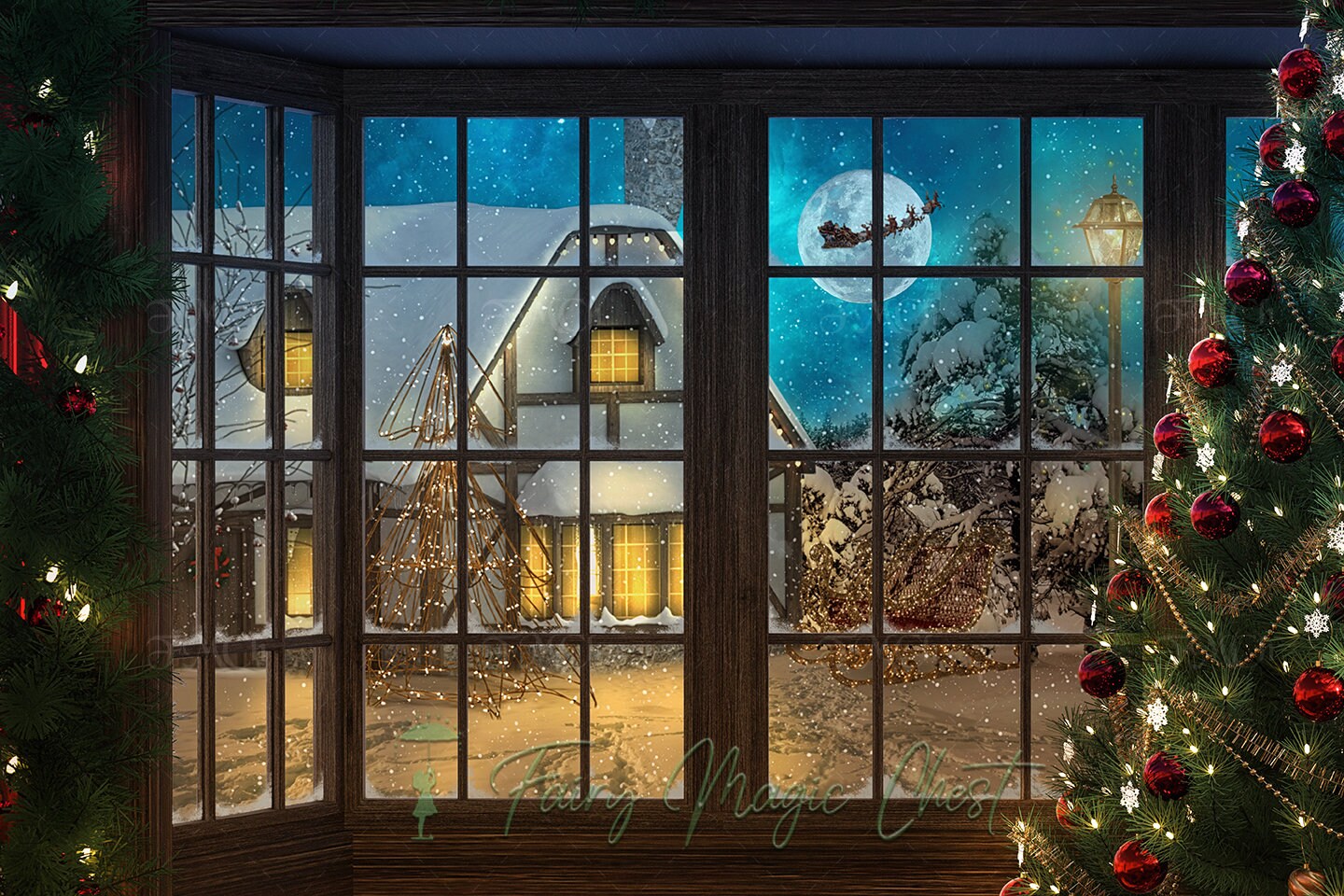 Christmas Cottage Window Digital Backdrop: Snowy Winter Scene (digital ...