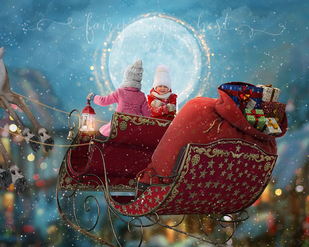 Christmas Sleigh Digital Background, Sleigh Flying, Big Moon. Snow ...