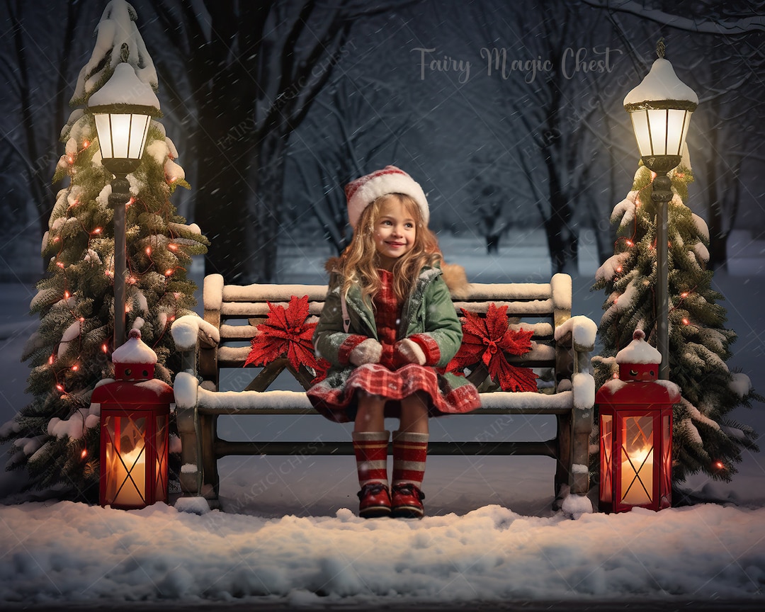 Winter Wonderland Bench: Christmas Digital Background for Photography ...