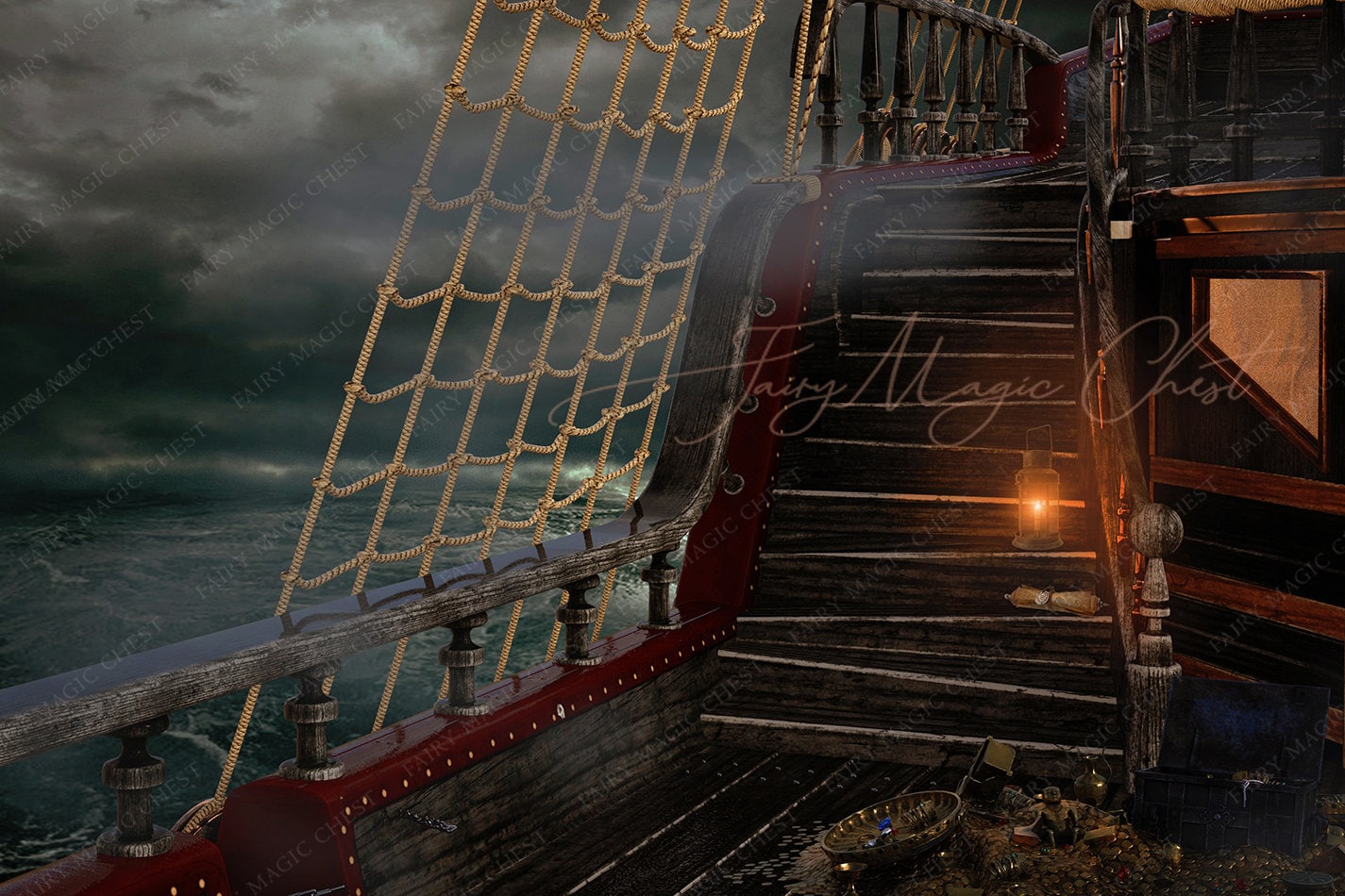 Pirate Ship Digital Background . Treasure on the Ship Deck . Digital Backdrop for Composite ...