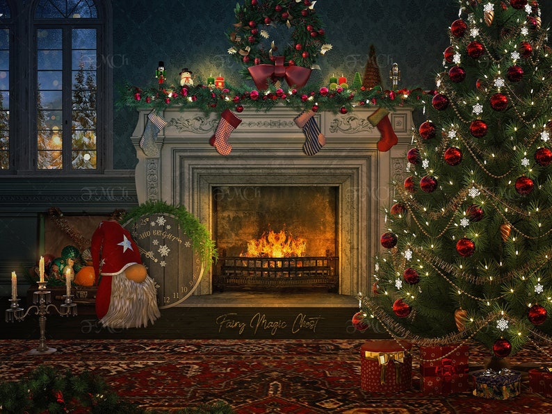 Christmas Digital Backdrop / Background, Scene With Fireplace, Tree and ...