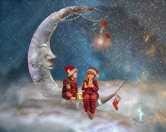 Christmas Digital Background. Moon With Face. Christmas - Etsy
