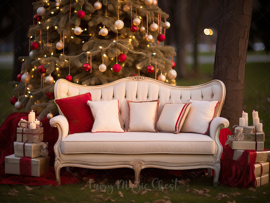 White Elegance: Christmas Sofa and Tree Digital Background for ...