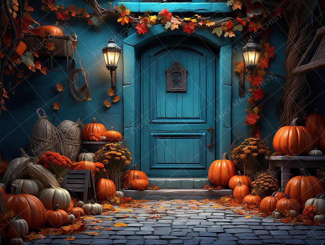 Autumn Digital Background / Backdrop for Photography. Rustic Blue Door ...