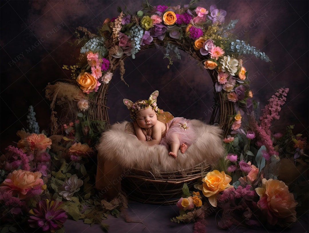 Newborn Digital Background , Floral Basket, Fairy Baby Crib, Bed for ...