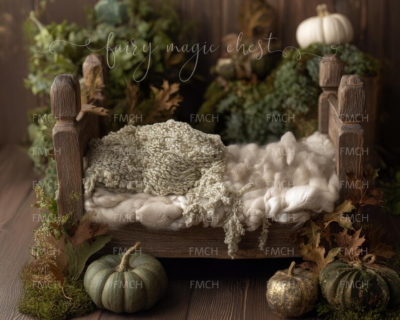 Rustic Bed Scene Digital Backdrop for Newborn Photo Editing, Autumn ...