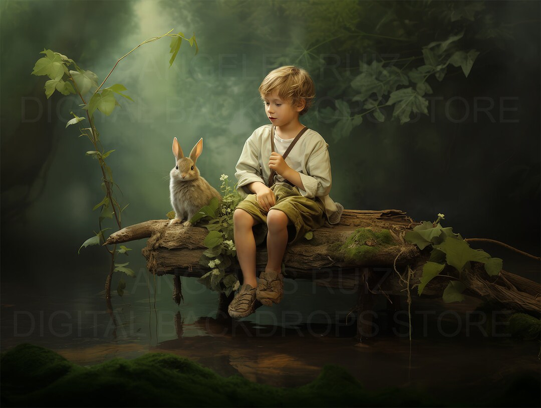 Bunny Digital Backdrop , Rabbit Atop a Log Over a Pond, Digital ...
