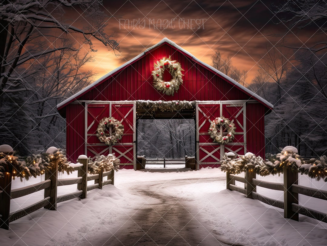 Snowy Red Barn Christmas Digital Backdrop: Photography Winter Scene ...