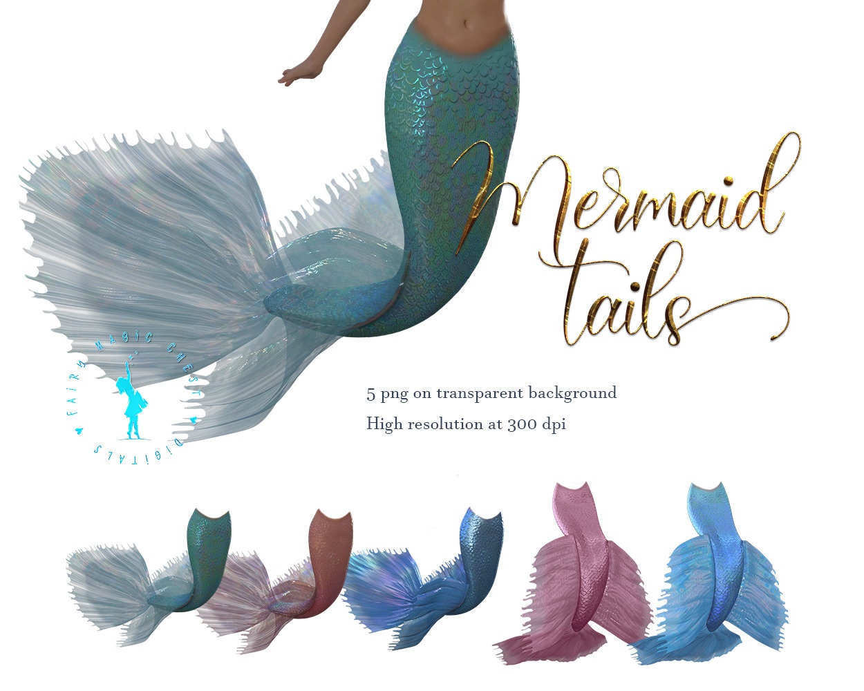 Mermaid Tails, Digital Overlays, Separated Png Files on Transparent ...