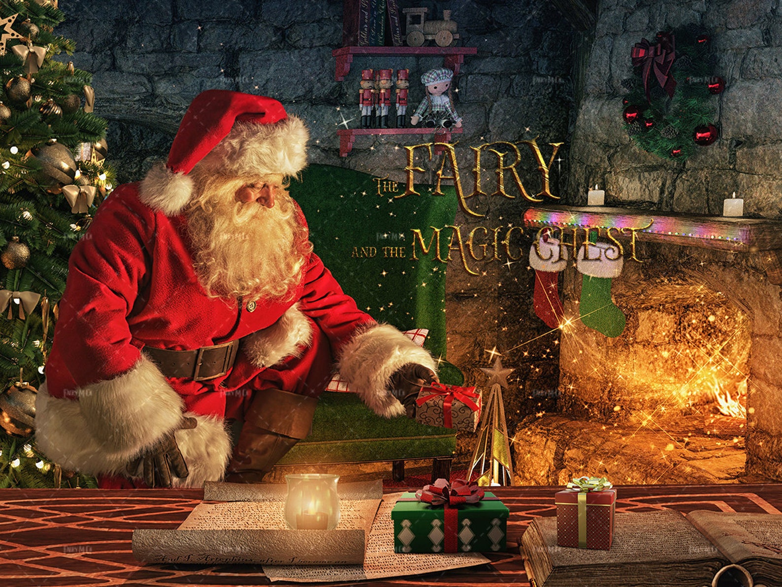 Christmas Digital Backdrop . Santa Claus With a Gift on Her - Etsy