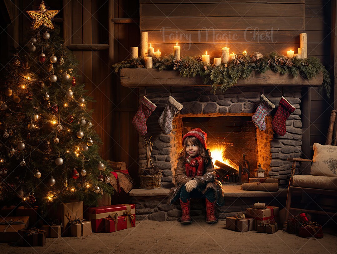 Christmas Tree Fireplace Digital Photography Backdrop (instant Download ...