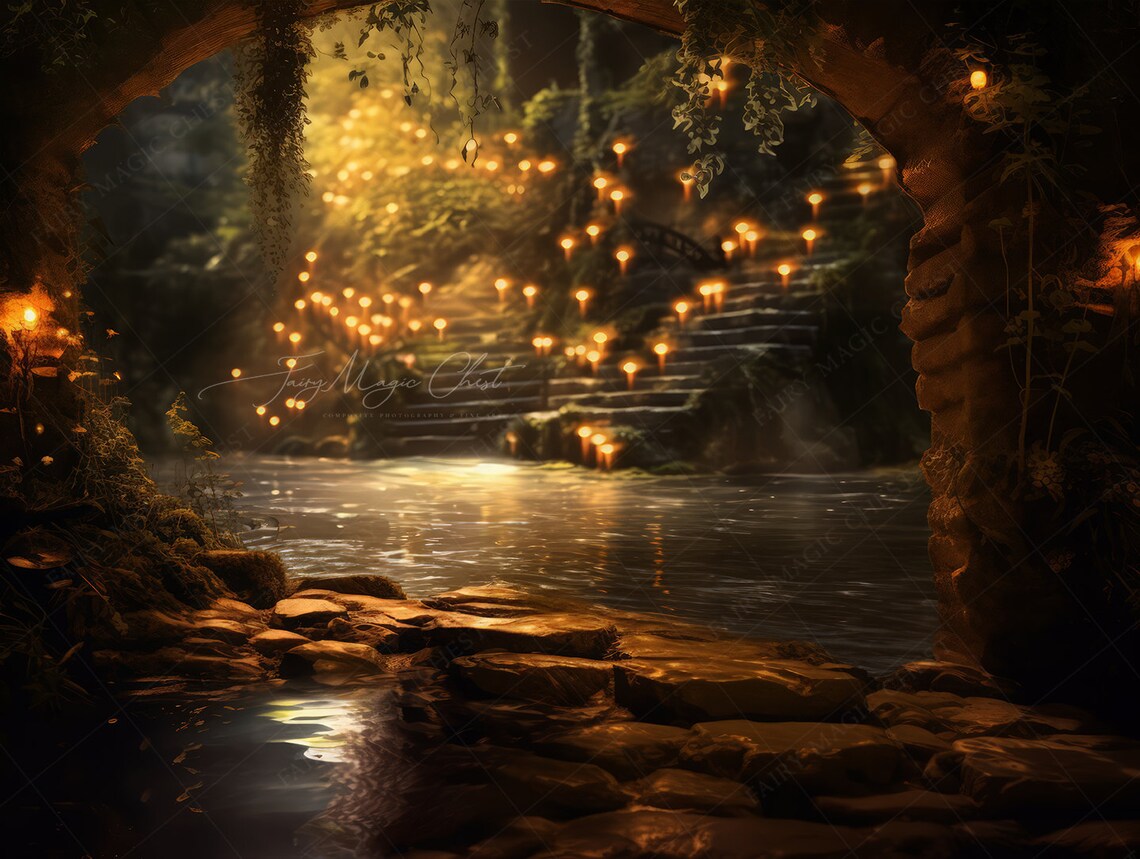 Digital Backdrop. Enchanted Forest Cave Lake Digital Background ...
