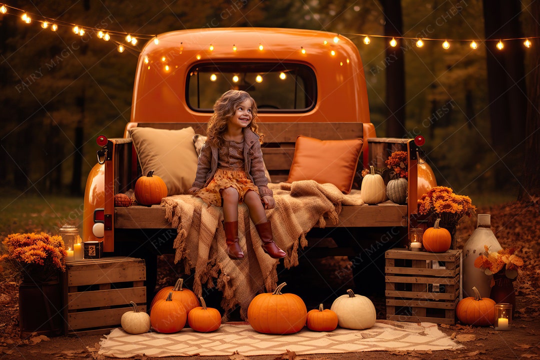 Autumn Digital Background. Orange Truck and Pumpkins. Fall Digital ...
