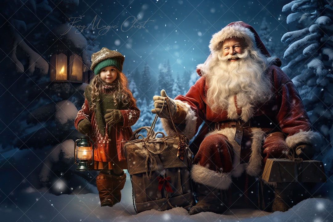 Santa in the Snowy Forest at Night. Christmas Digital Background ...