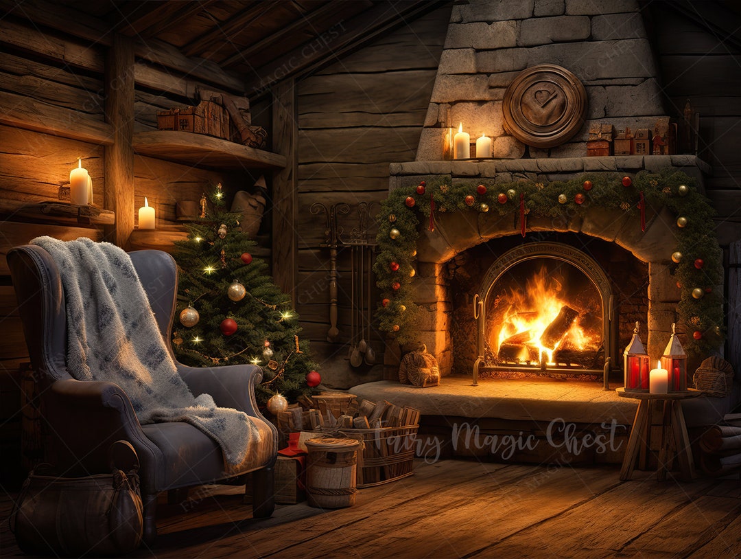 Christmas Rustic Cabin Fireplace, Christmas Digital Background for Photography. Vintage, Cozy ...