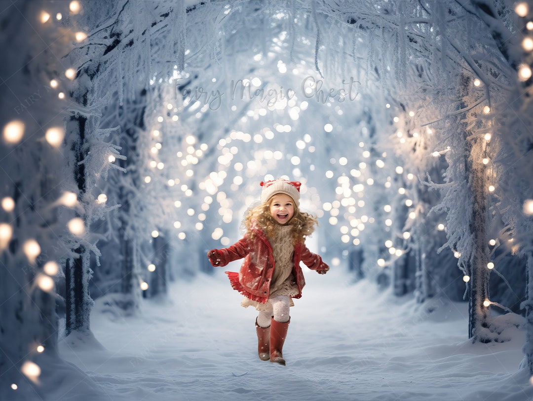 Snowy Forest Wonderland: Christmas Lights Digital Background for ...