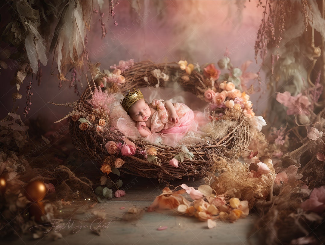 Newborn Digital Background Floral Nest, Baby Girl Crib With Flowers ...