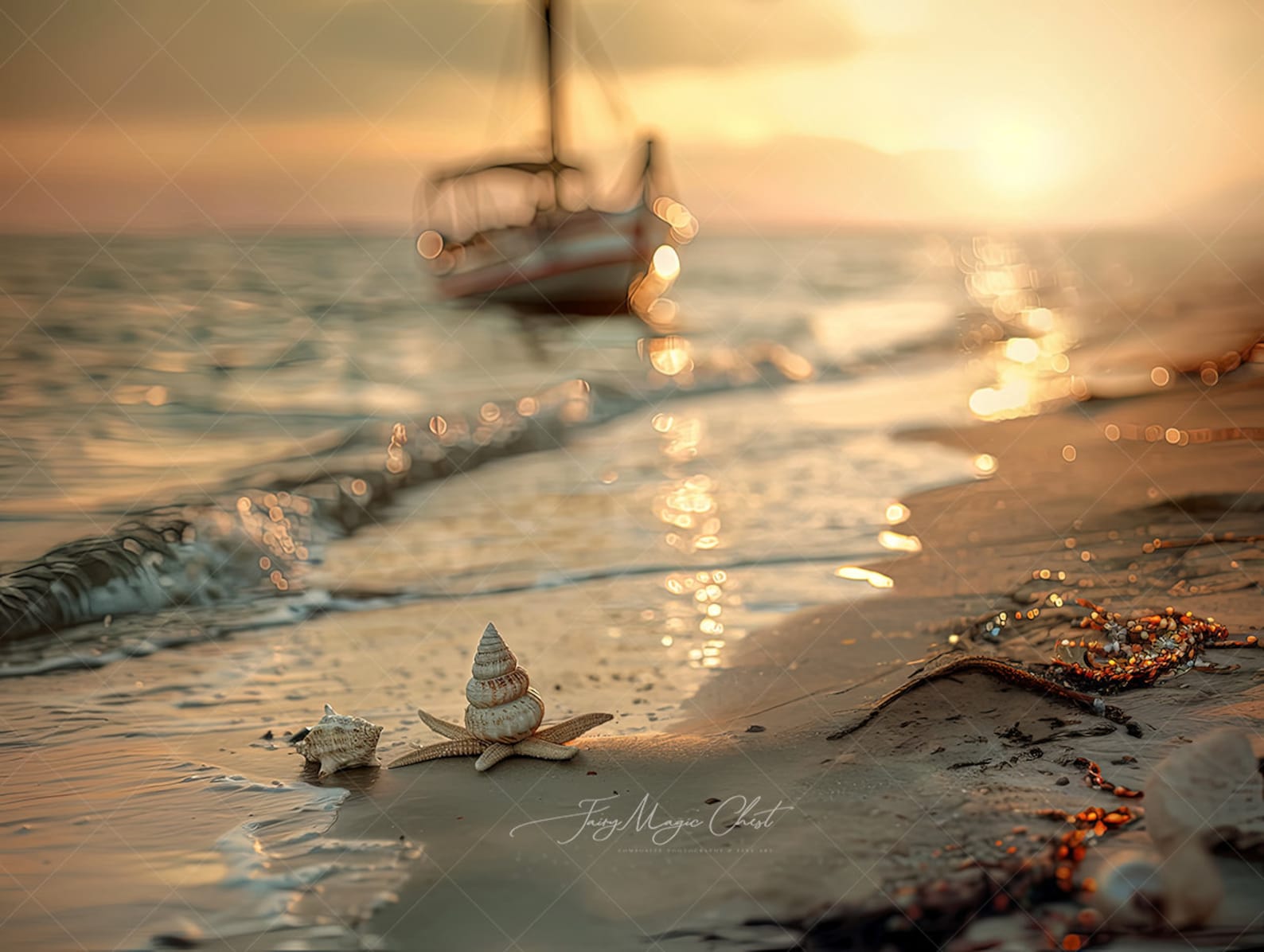 Sunset Beach Digital Background With Boat, Digital Backdrop for ...