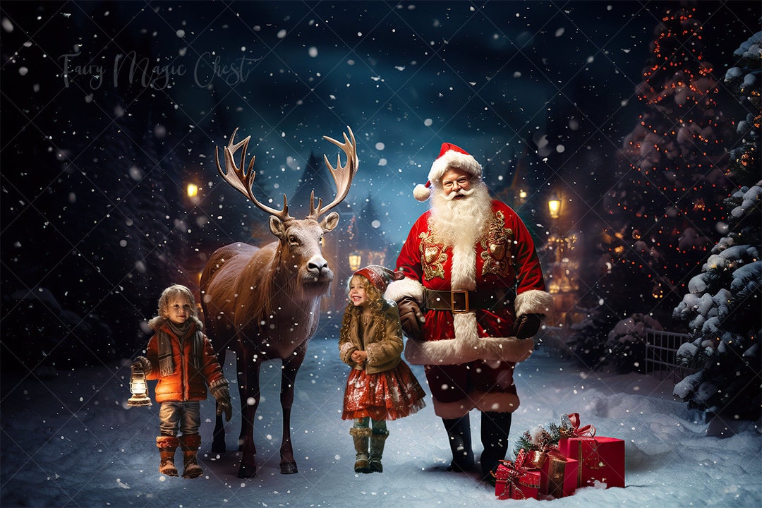 Santa and Reindeer Christmas Digital Backdrop: Winter Fantasy (digital ...