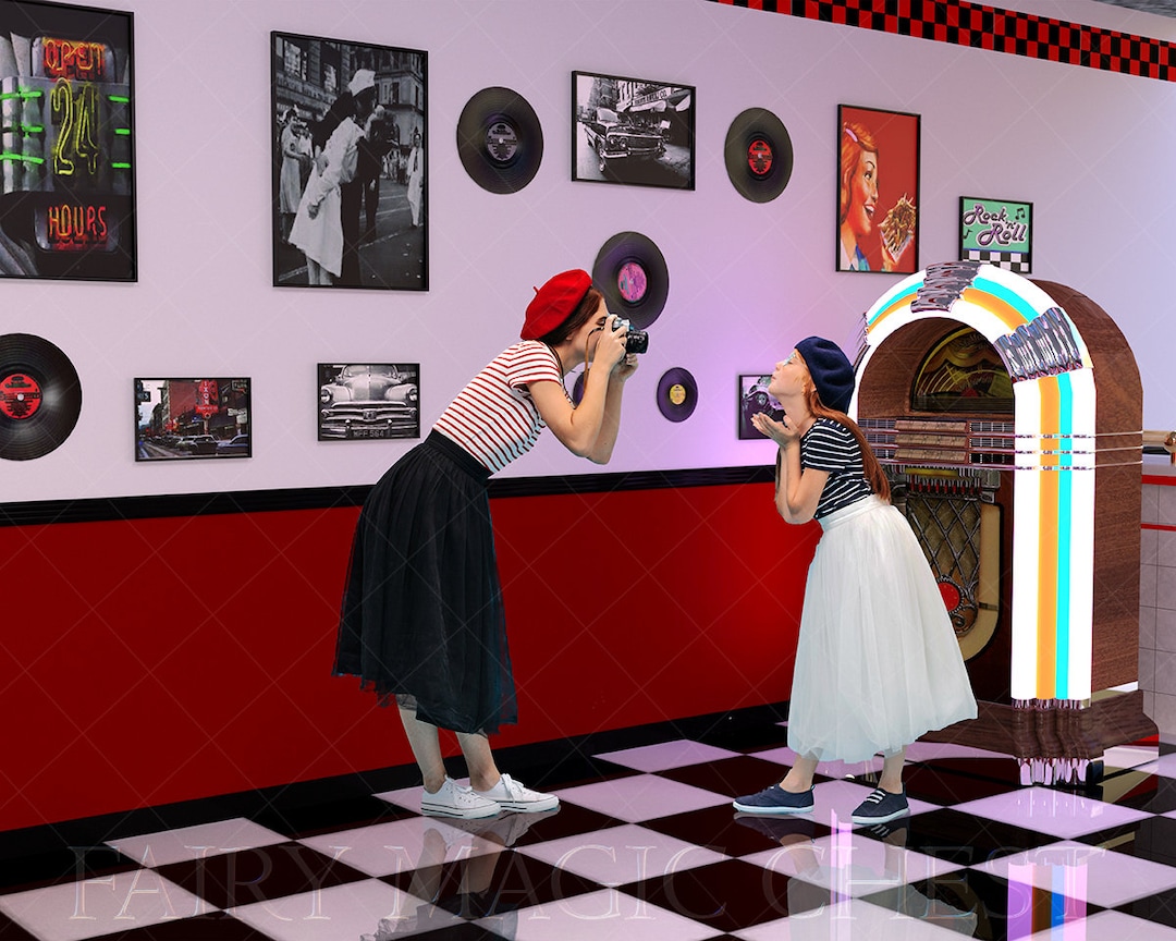 Retro Music Box Digital Background . Vintage Diner, Bar 50s . Digital ...