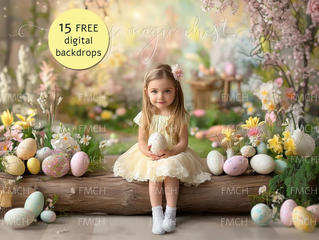 Easter Digital Backdrop, Easter Log and Eggs Digital Background ...