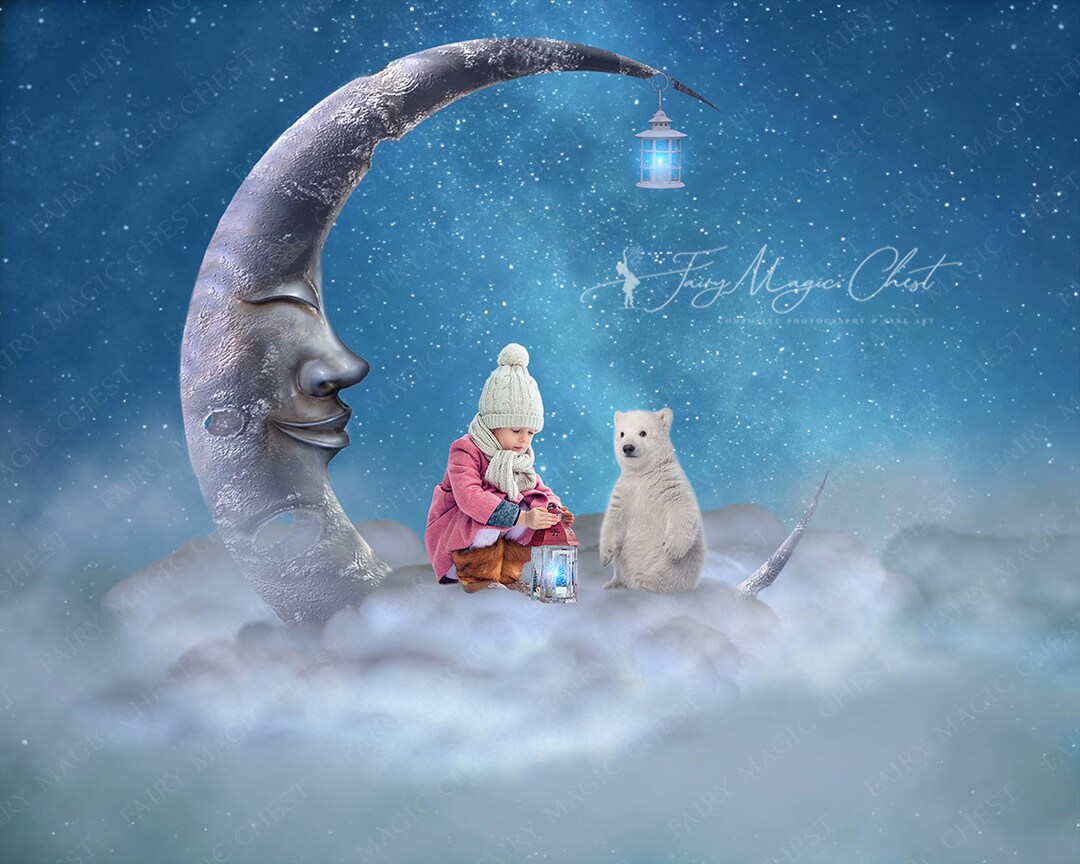 Digital Background , Baby Polar Bear on the Clouds, Fantasy Moon With ...