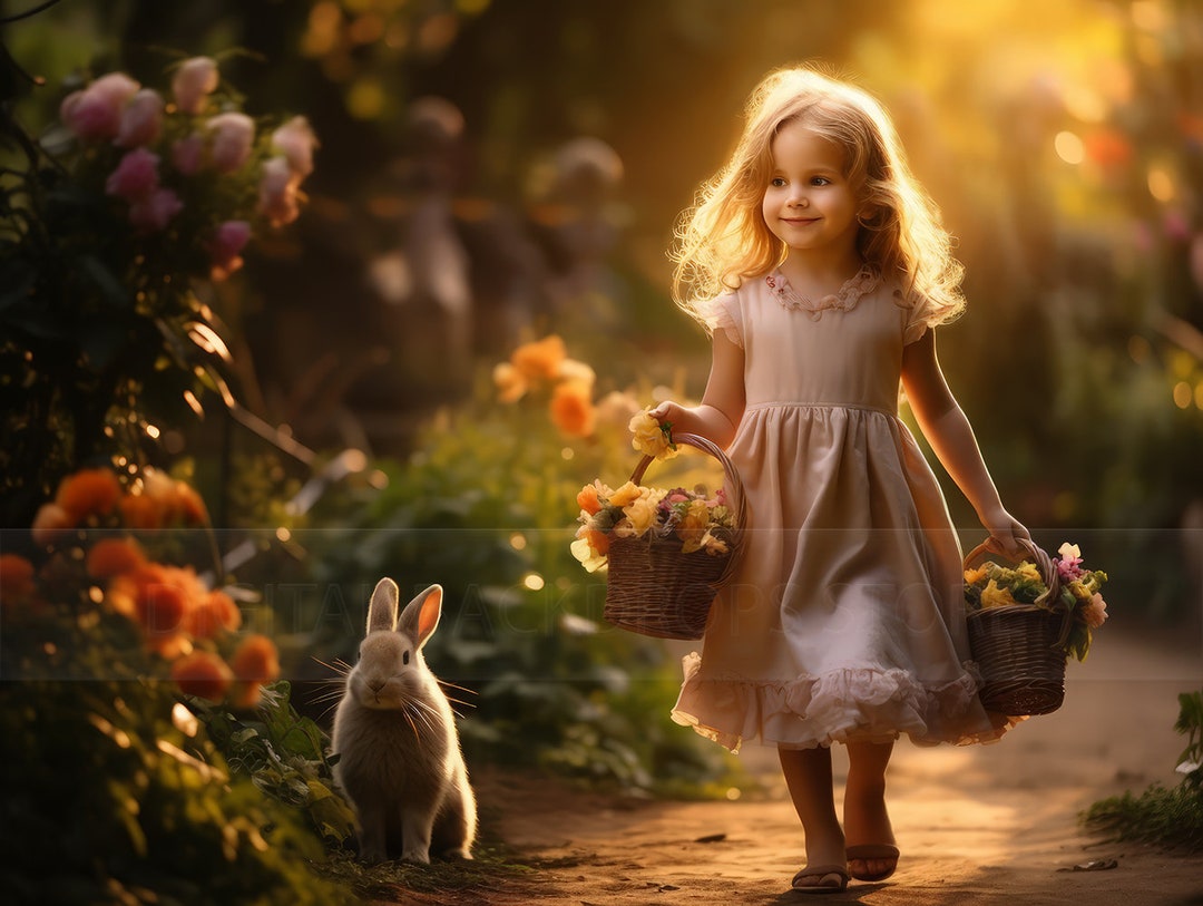 Easter Path Digital Backdrop , Rabbit on a Pathway With Flowers, Bunny ...