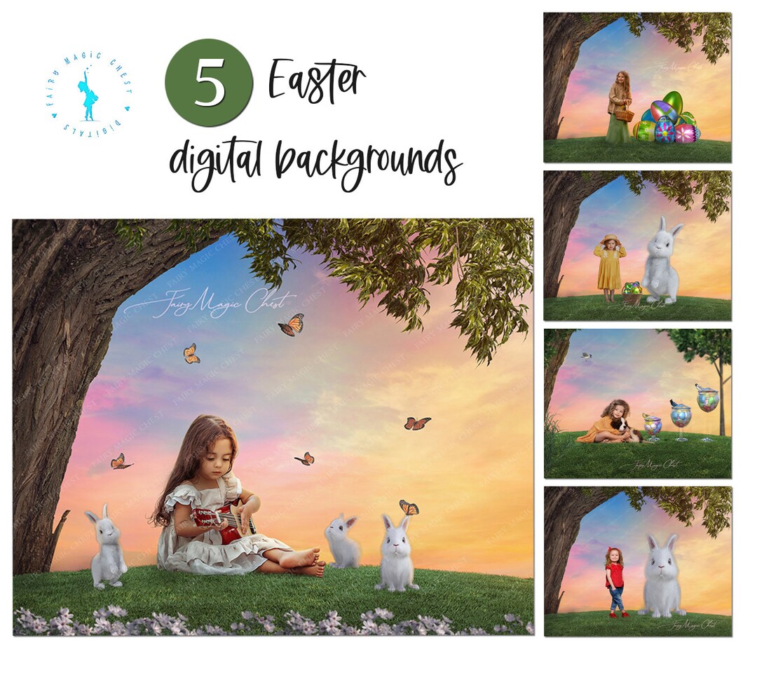 5 Easter Digital Backgrounds, Digital Backdrops, Bunnies and Easter ...