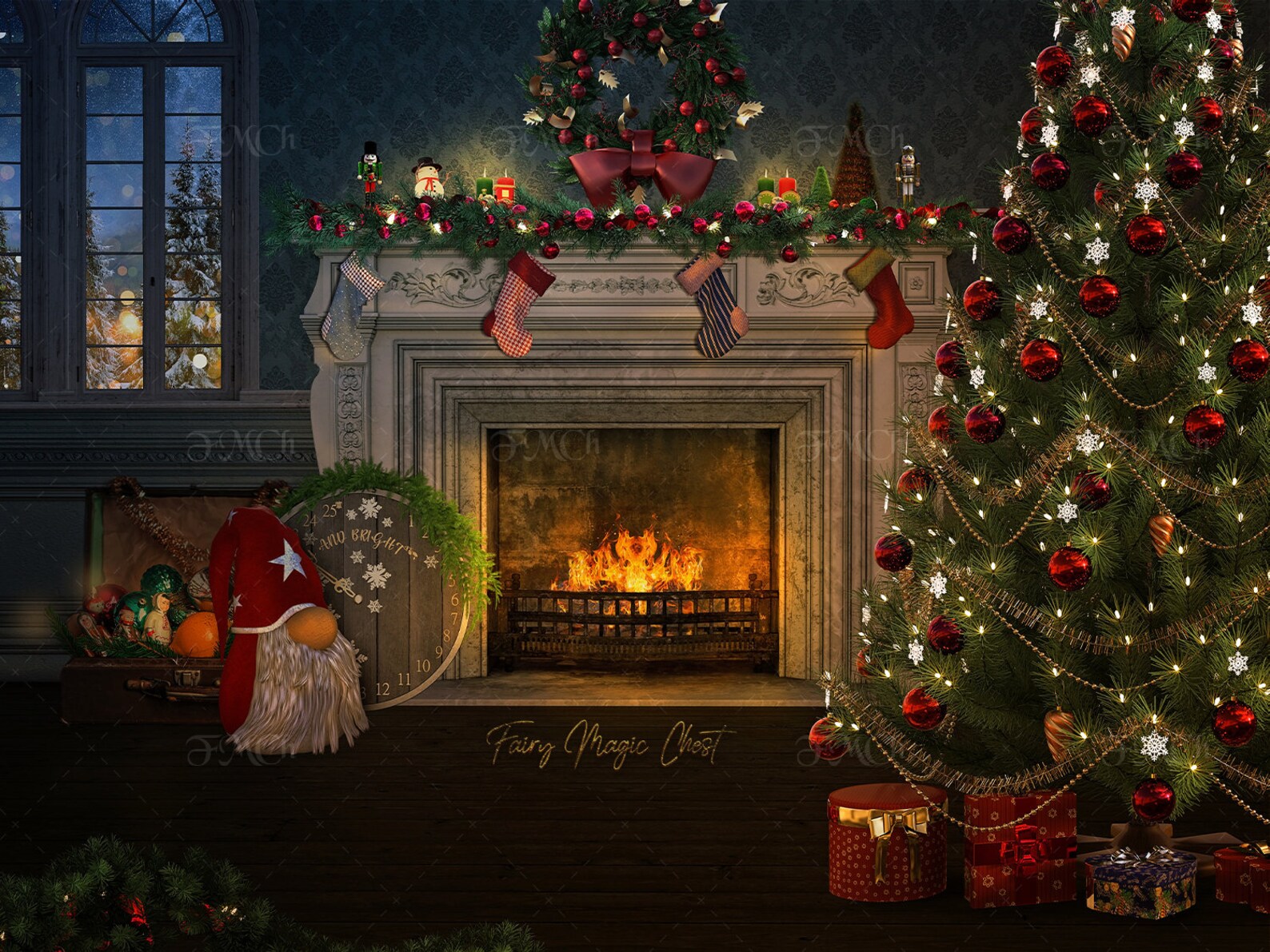 Christmas Digital Backdrop Scene With Fireplace and Tree | Etsy