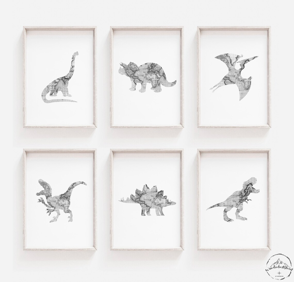 Gray Dinosaur Wall Art, Dino Bedroom Decor, Dinosaur Prints, DIGITAL ...