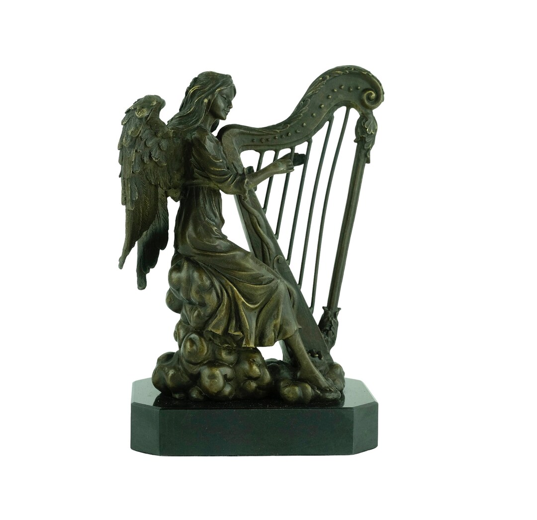 Bronze Sculpture of an Angel Playing the Harp Bronze Mythology Statue ...