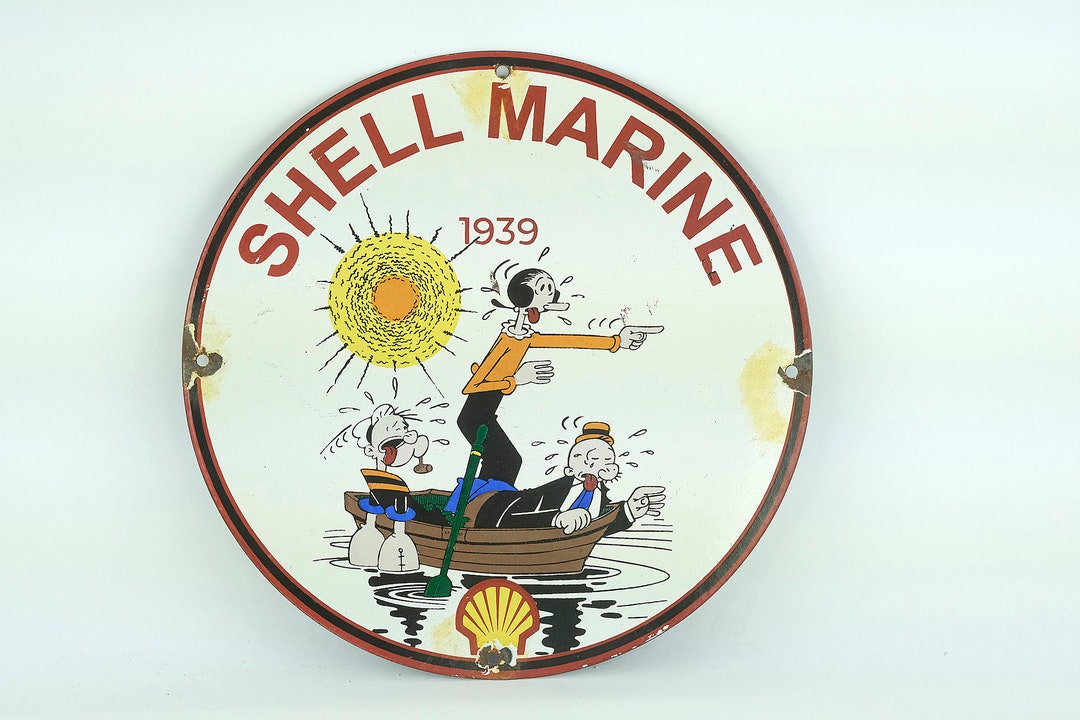 Metal With Enamel Sign of Shell Marine Depicting Popeye in a Boat Man ...