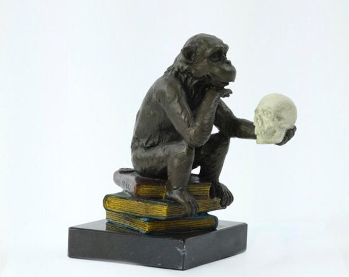 Bronze Philosophizing Monkey Holding a Skull Statue Animal Art ...