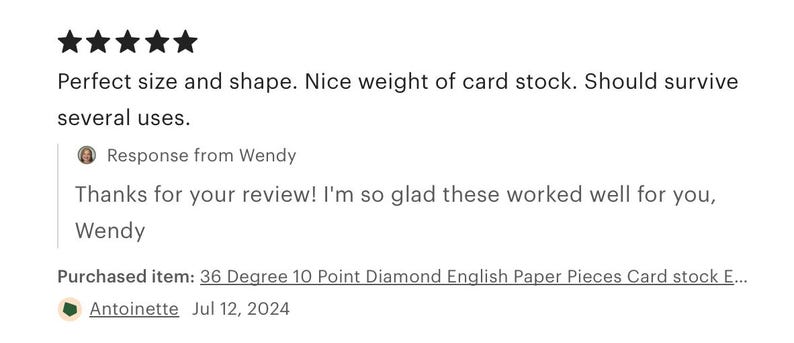 2" Diamond 36 Degree 10 Point English Paper Pieces Card Stock EPP ...