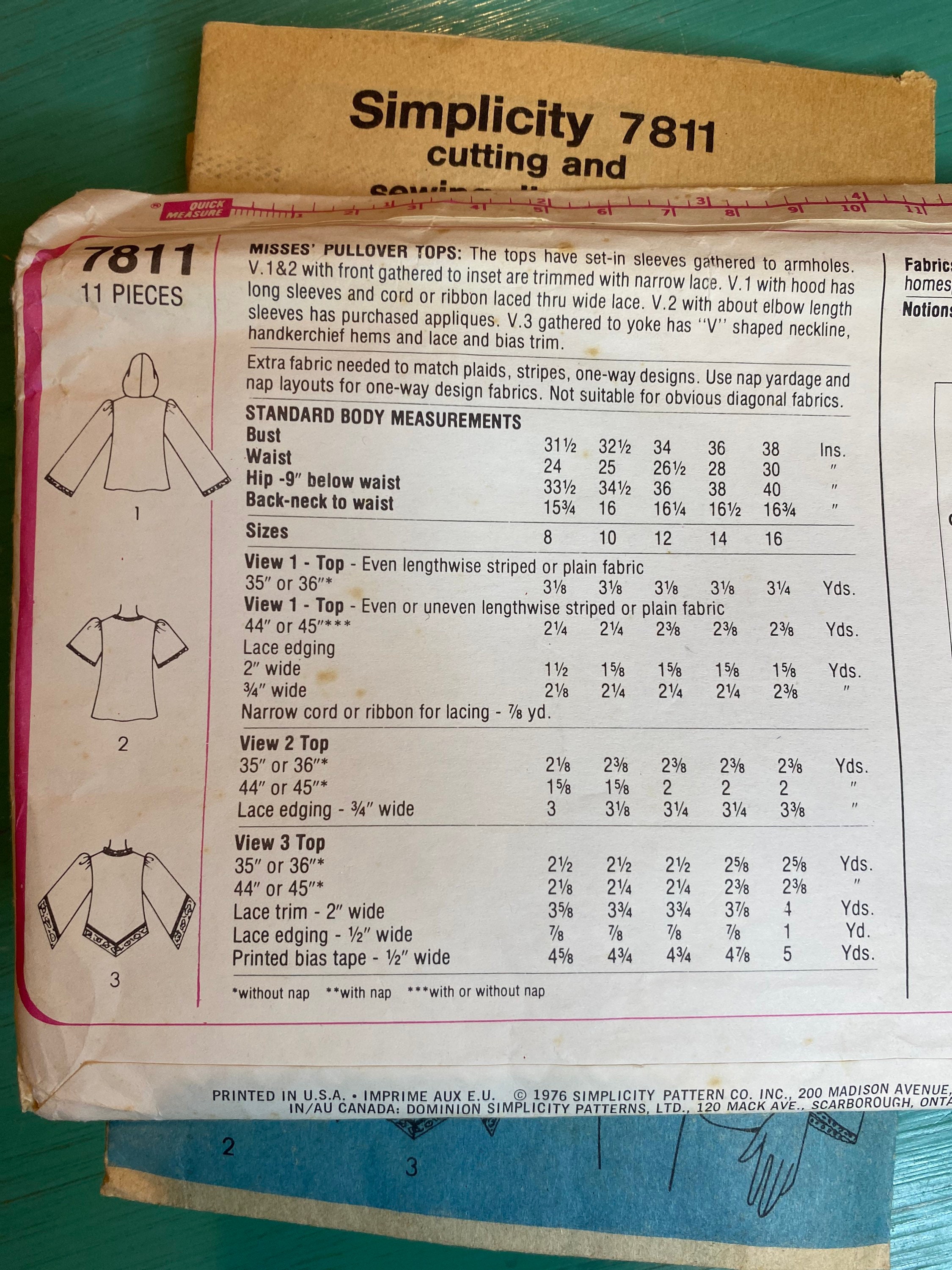 Vintage 1976 Simplicity Pattern 7811 Size 12, Pullover Top, 1970s ...