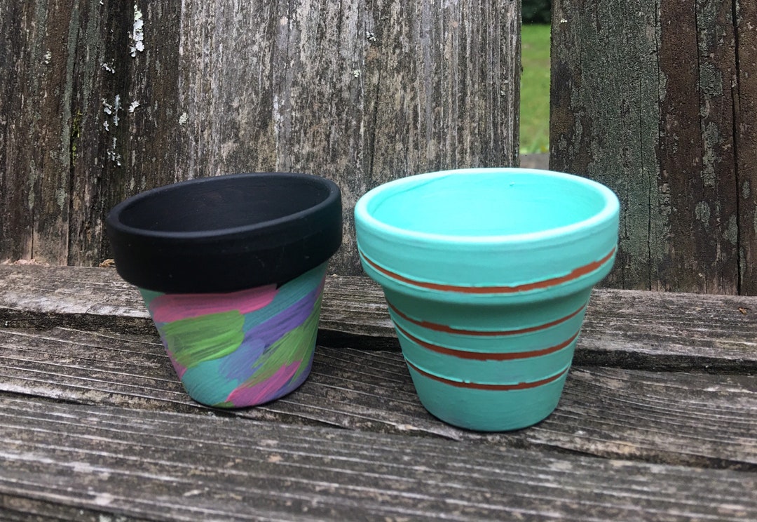Two Small Hand Painted Clay Pots, Terra Cotta, Abstract, Succulent ...