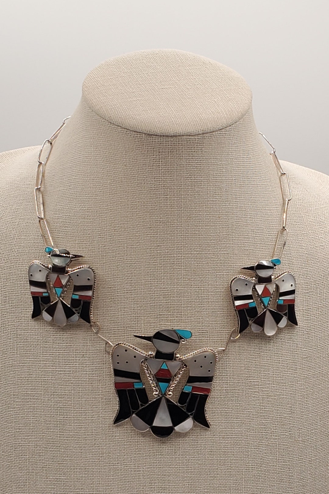 Zuni Thunderbird Sterling Silver Multi-stone Inlay Necklace by Corrina ...