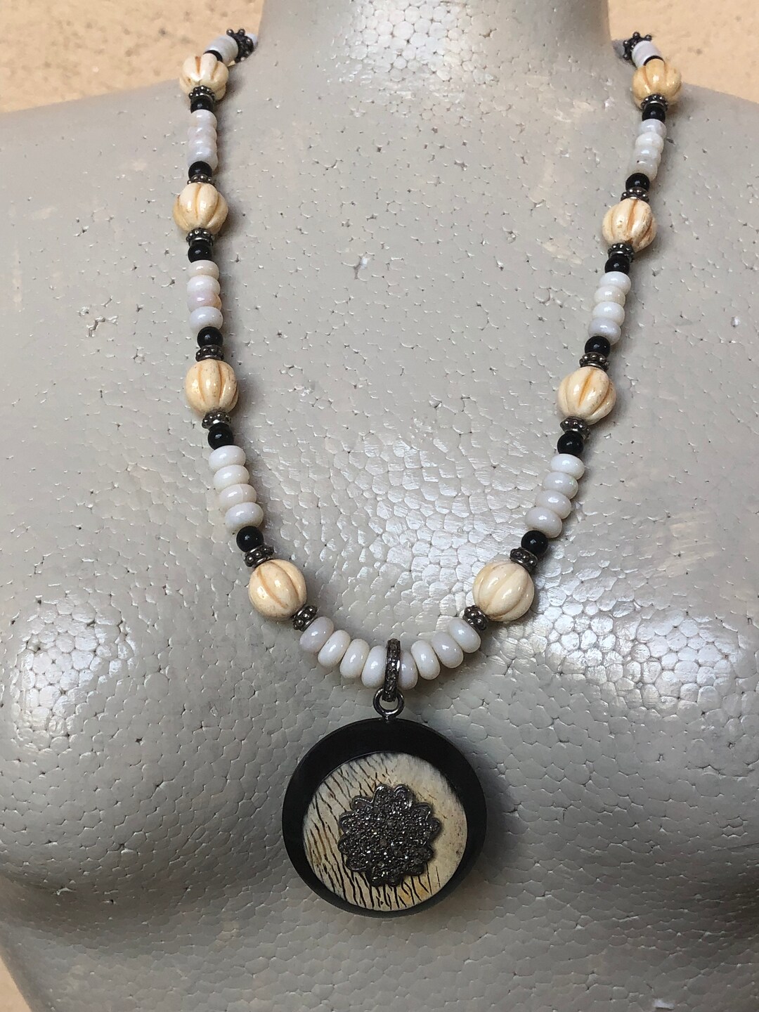Bone, Opal, Raw Diamond and Sterling Silver Necklace - Etsy