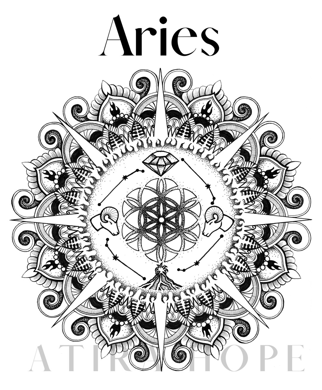 ORIGINAL Aries Zodiac Mandala Drawing 11x14in Hand-drawn Art by Atira ...