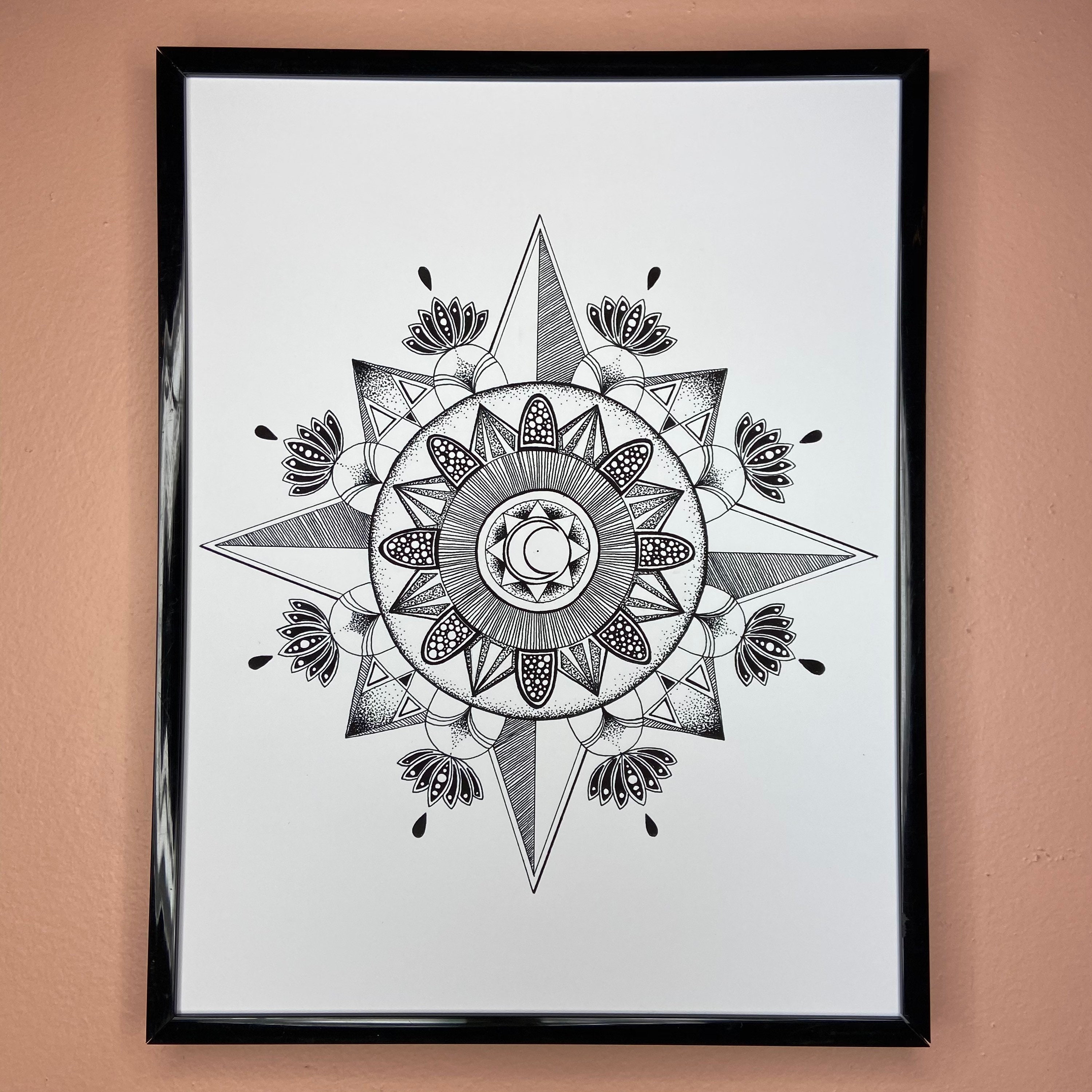 Midnight Excursion Compass Moon Mandala Print Black & White - Etsy