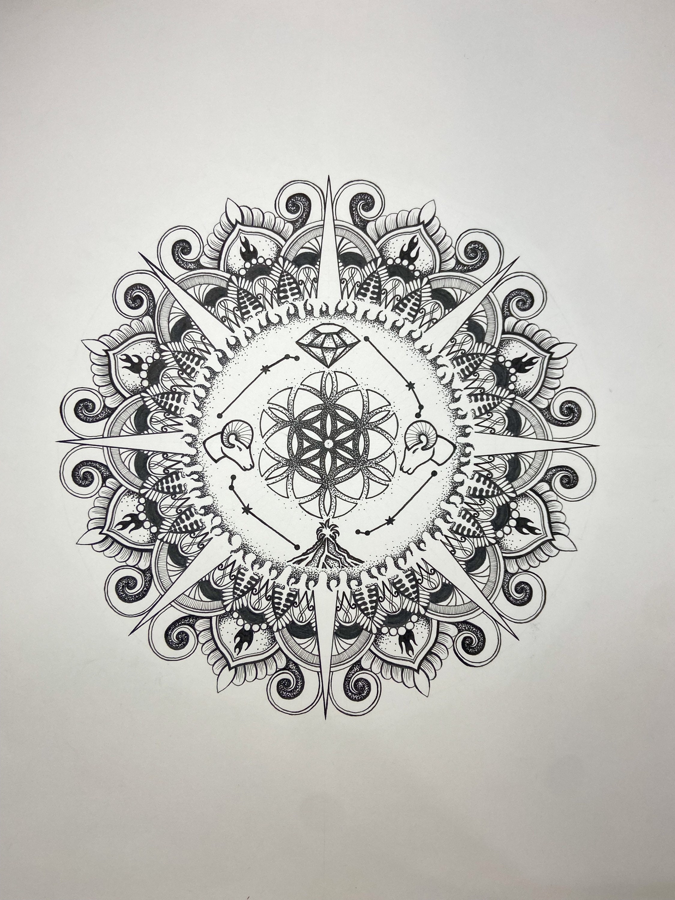ORIGINAL Aries Zodiac Mandala Drawing 11x14in Hand-drawn Art by Atira ...