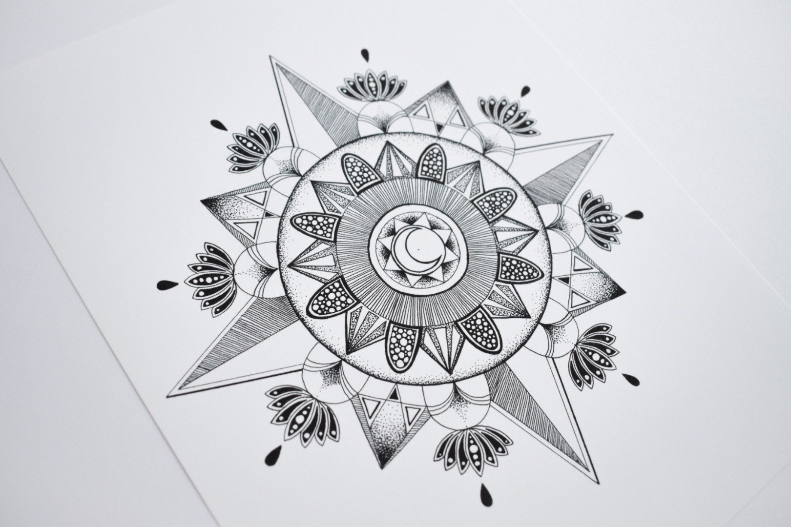 Midnight Excursion Compass Moon Mandala Print Black & White - Etsy