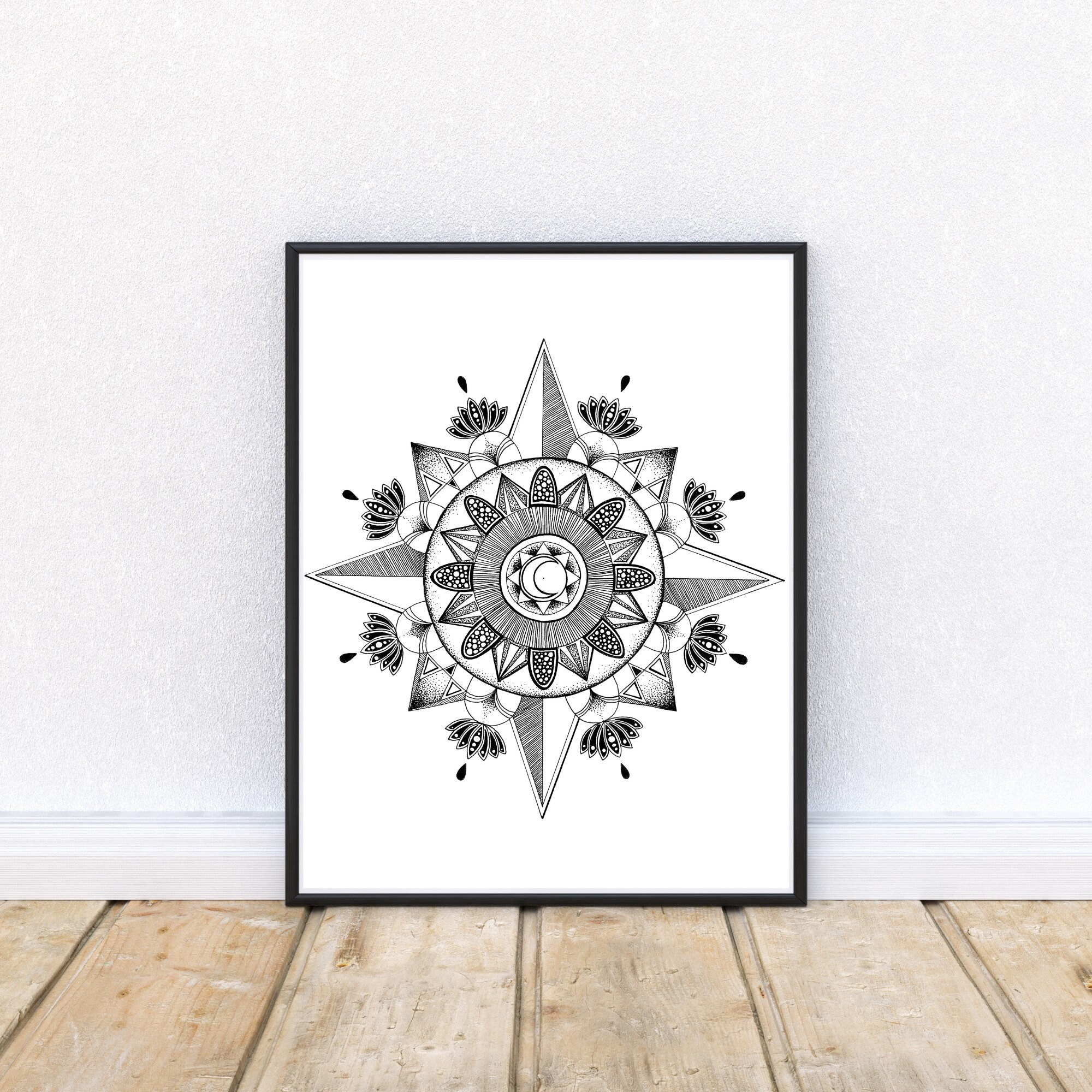 Midnight Excursion Compass Moon Mandala Print Black & White - Etsy