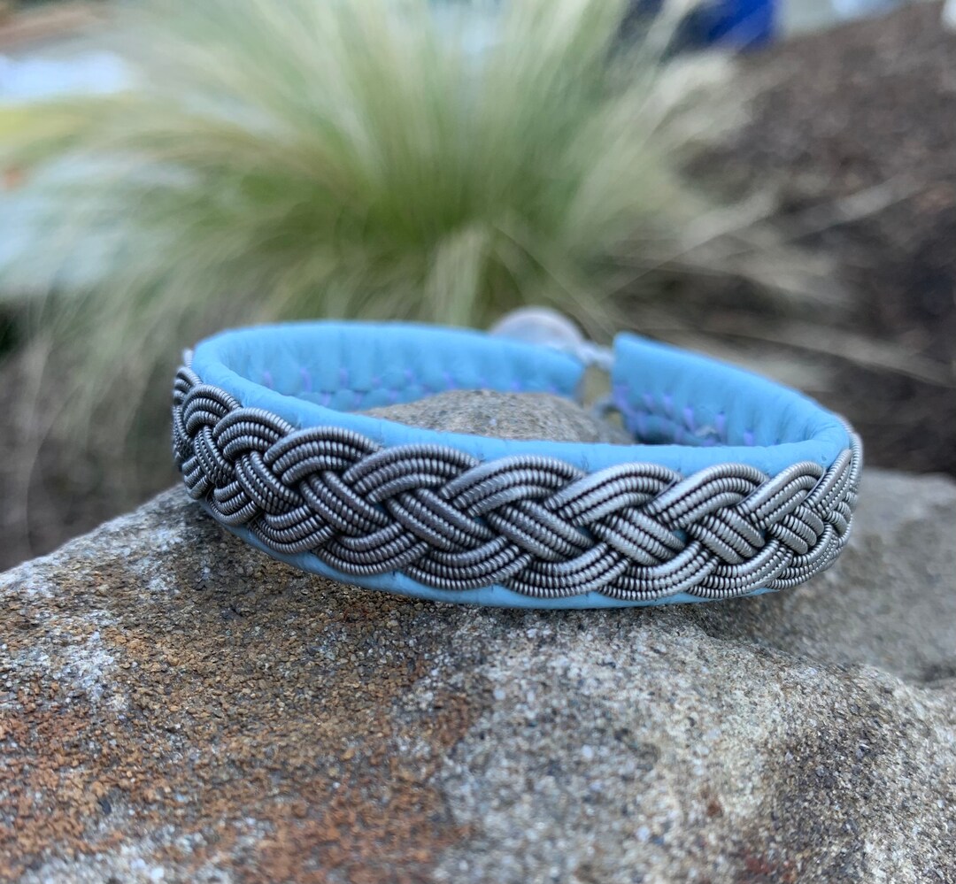 Antiqued Pewter Sami Dusty Blue Reindeer Leather Bracelet / Unique and ...