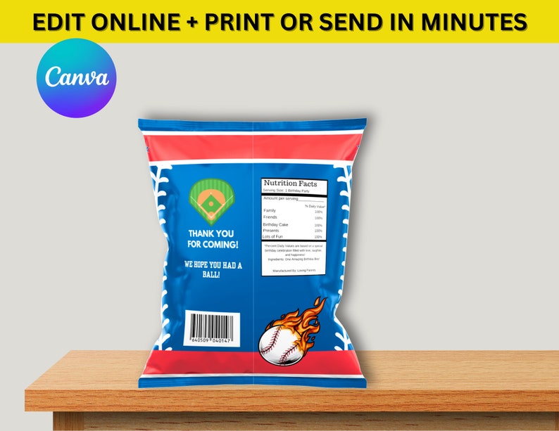 Editable Chip Bag Label Wrapper Dodger Blue Red White Baseball Birthday ...