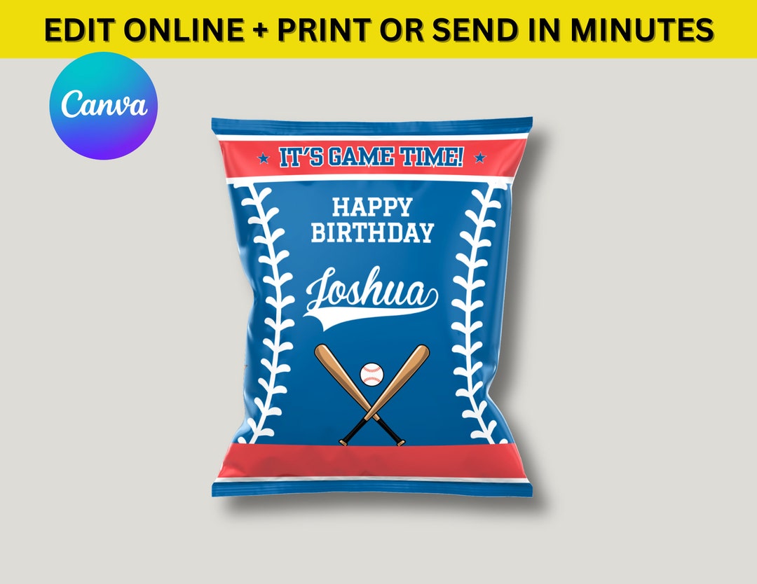 Editable Chip Bag Label Wrapper Dodger Blue Red White Baseball Birthday ...