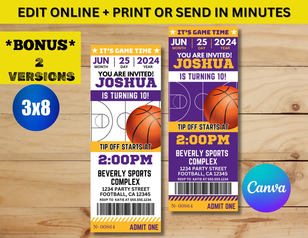 Editable Basketball Ticket Birthday Party Printable Invitation, Los ...